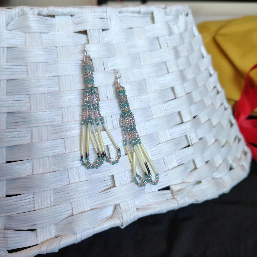 Cream & Blue Porcupine Quill Earrings Handmade Native Black Hills SD ...