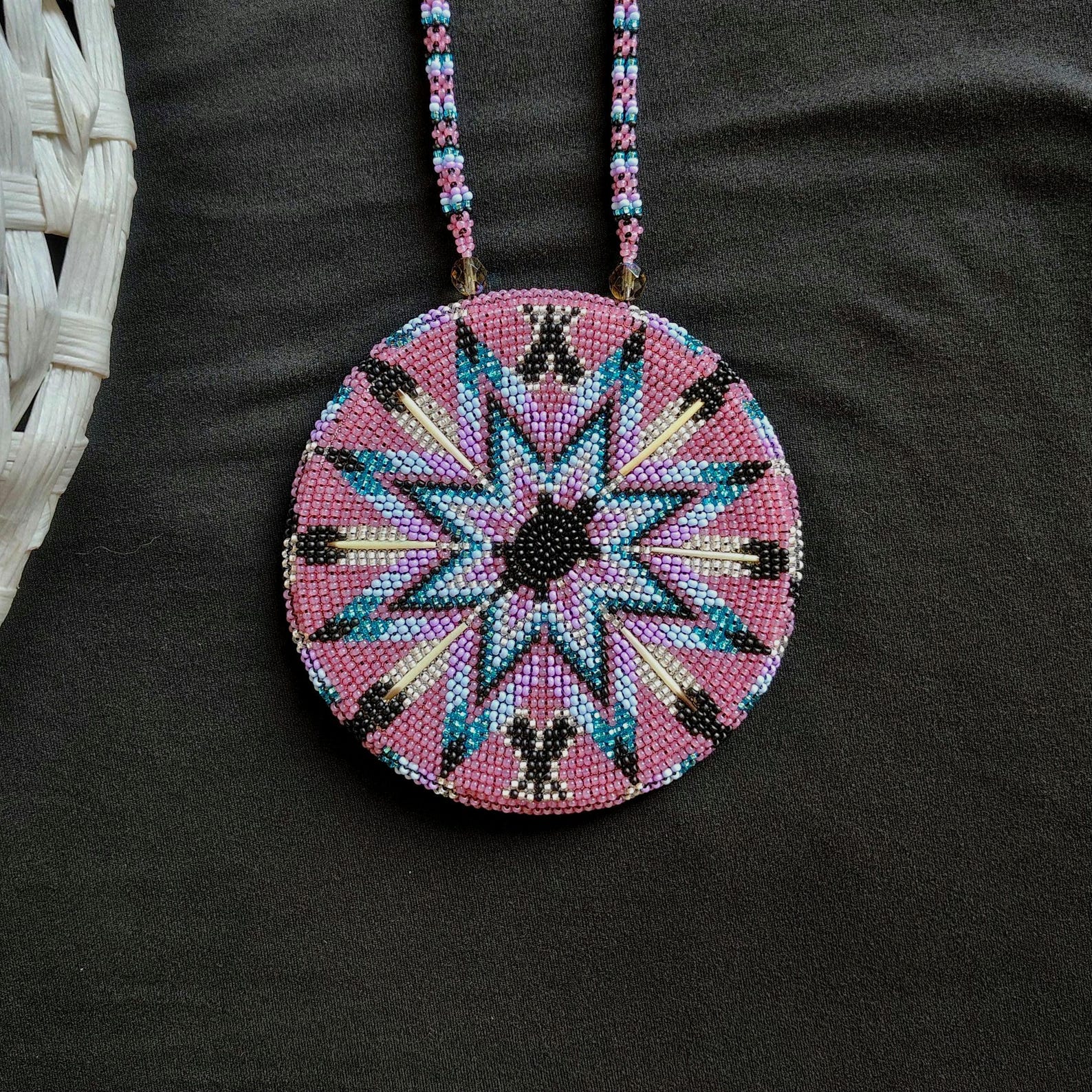 Turtle Porcupine Quill Feathers Larger Medallion Native Beadwork SD BH ...