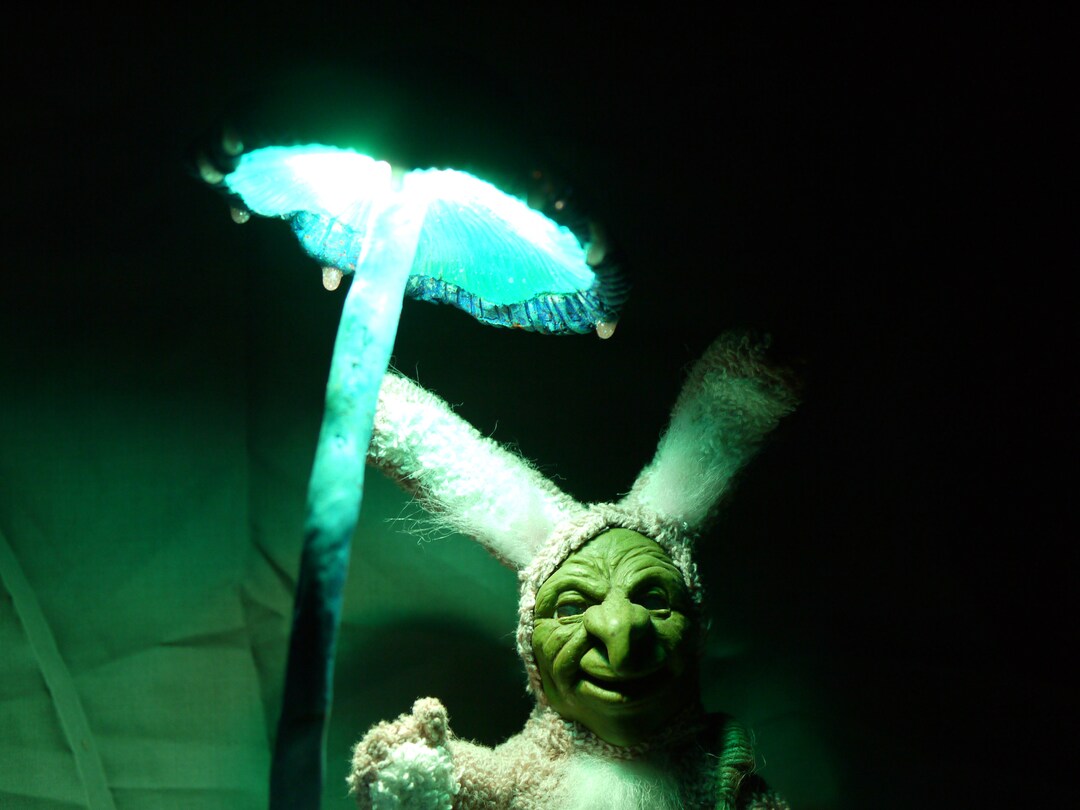 Easter Bunny Goblin Art Doll & Mushroom Light OOAK Fantasy Pixie Fairy ...