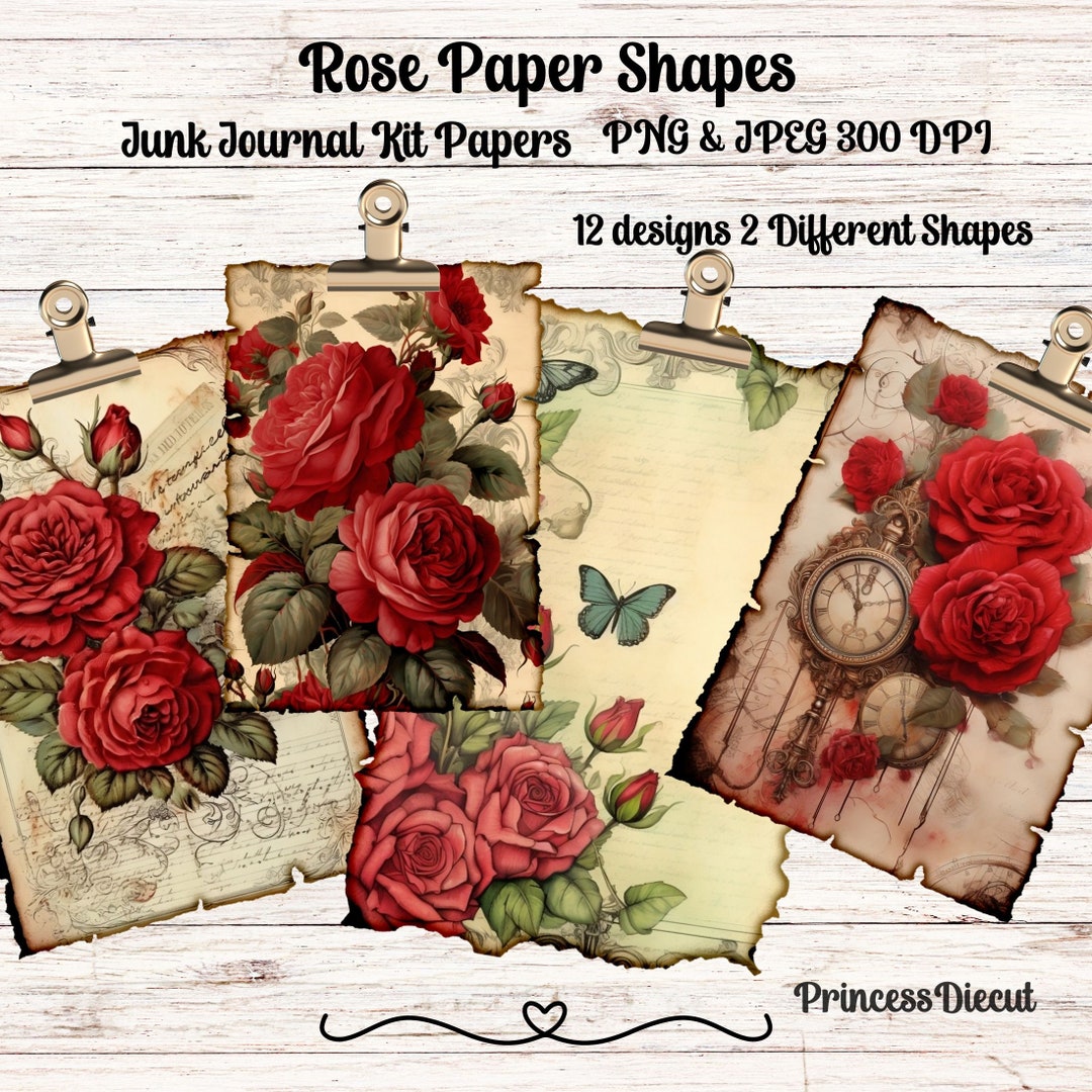 Junk Journal Rose Paper Shapes | Red Roses Paper Vintage, Shabby ...