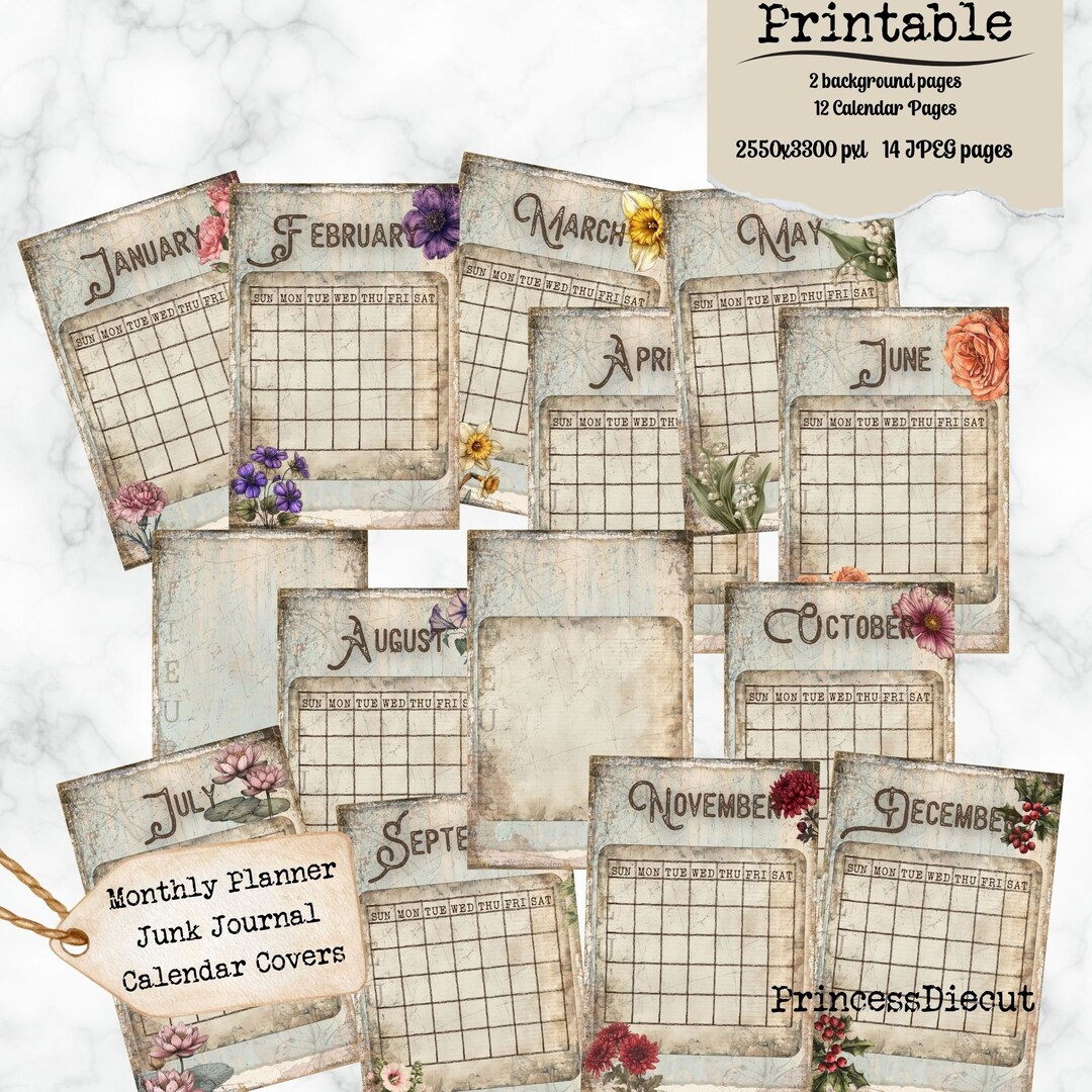 Printable Monthly Flowers Junk Journal Calendar | Digital Paper - Etsy