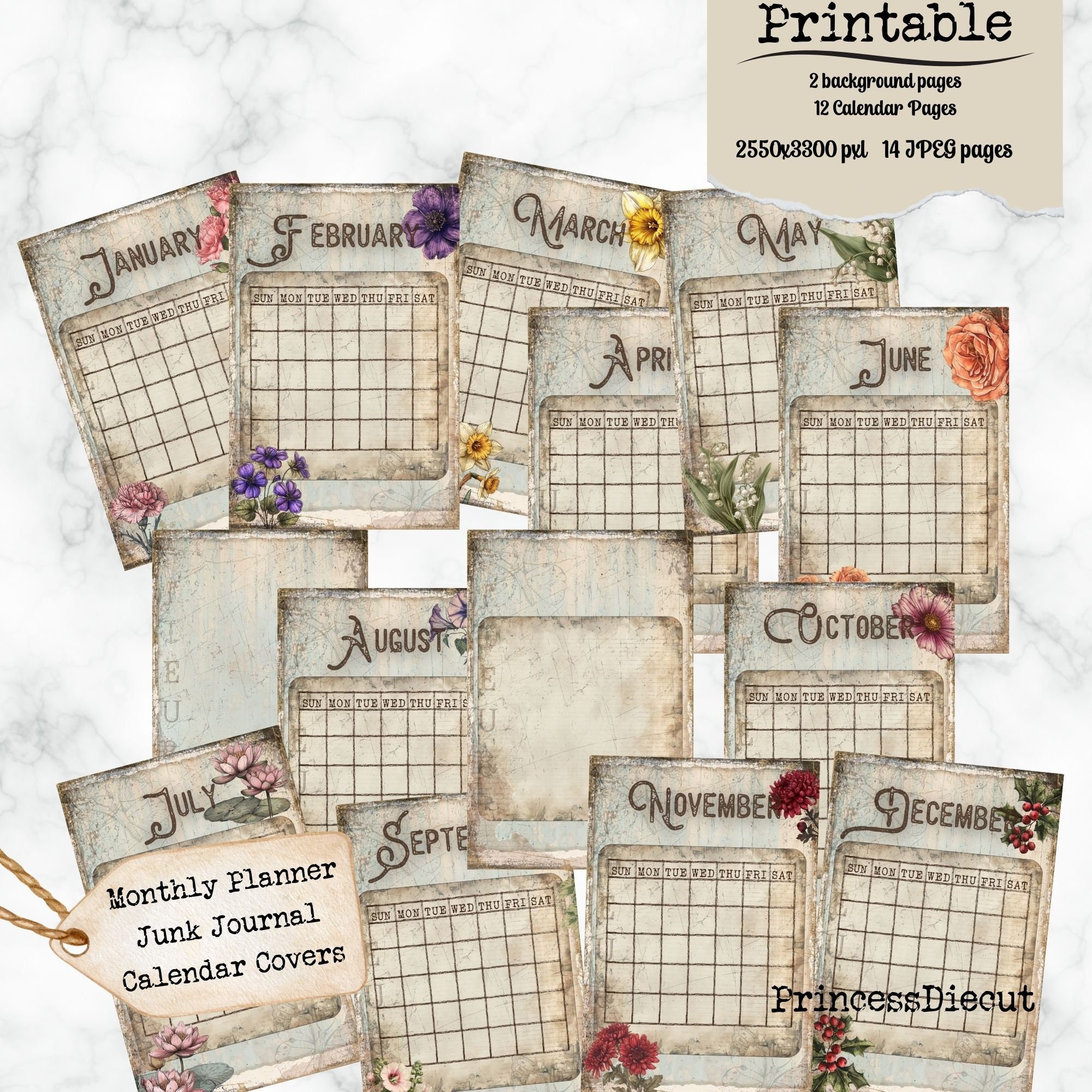 Printable Monthly Flowers Junk Journal Calendar | Digital Paper - Etsy