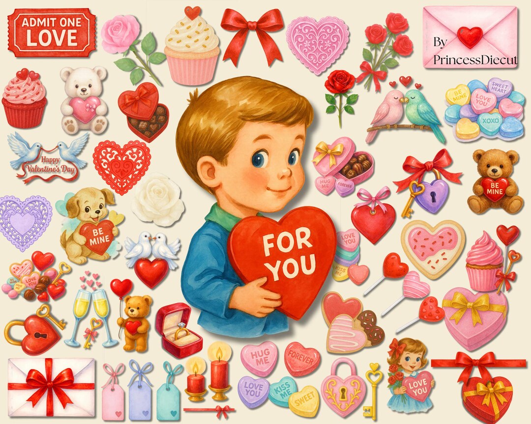 Valentine’s Day Clipart Bundle | 50+ Retro Cute PNG Images | Vintage ...