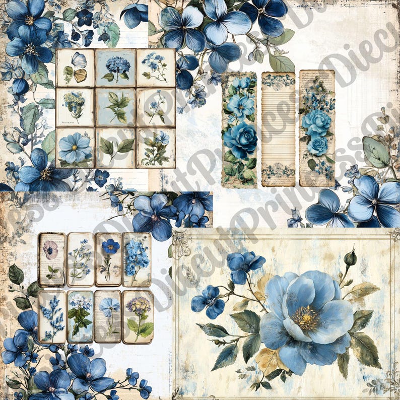 Printable Junk Journal Kit: Blue Floral Pages (digital Paper) - Etsy