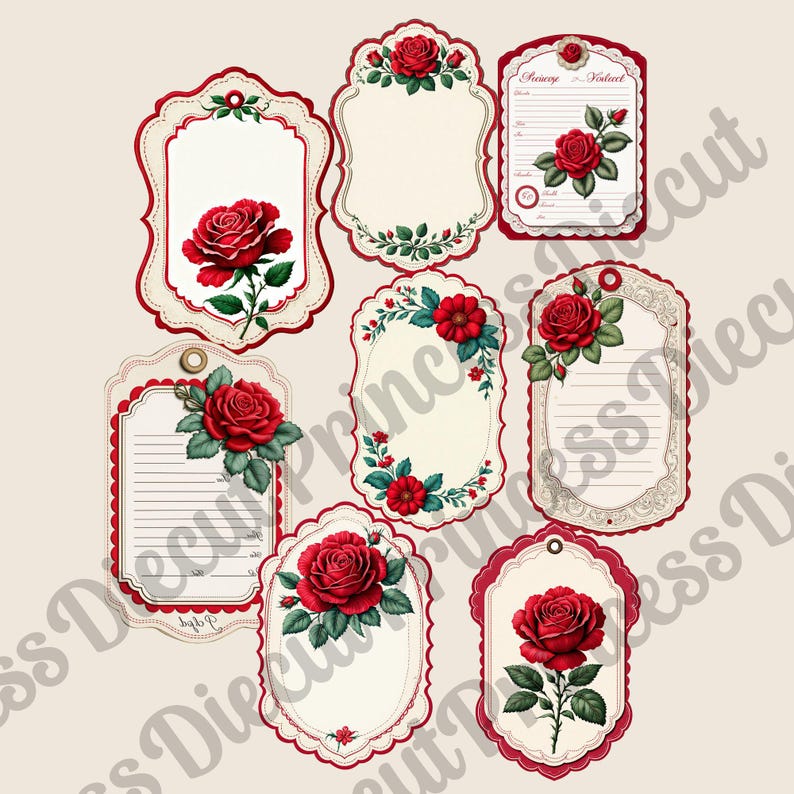 Printable Junk Journal Red Rose Tag Set, 8 PNG 1 JPEG, Junk Journal ...