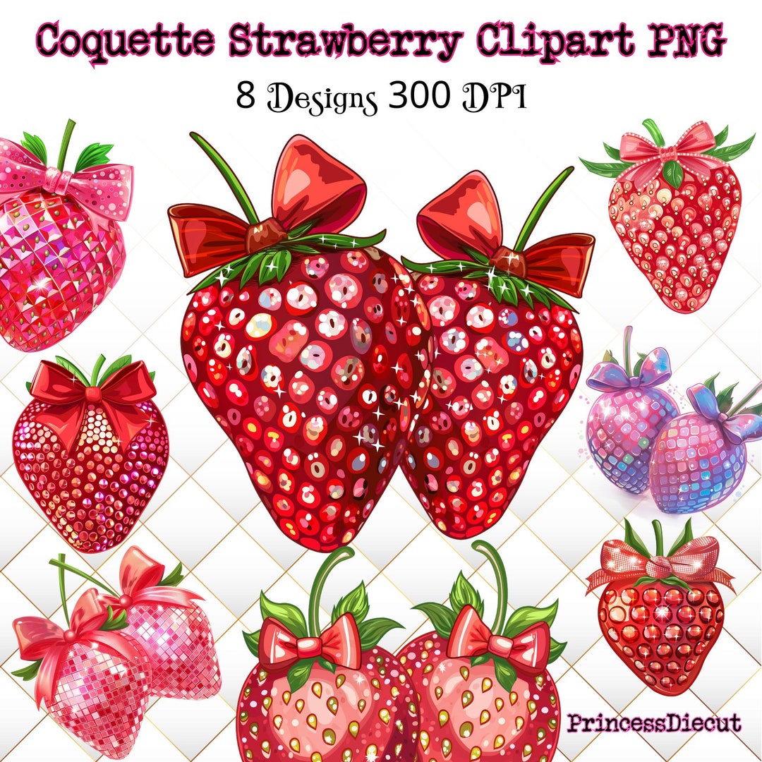 Coquette Strawberries Clipart PNG | 8 Designs for POD, Stickers, Valentine - Etsy