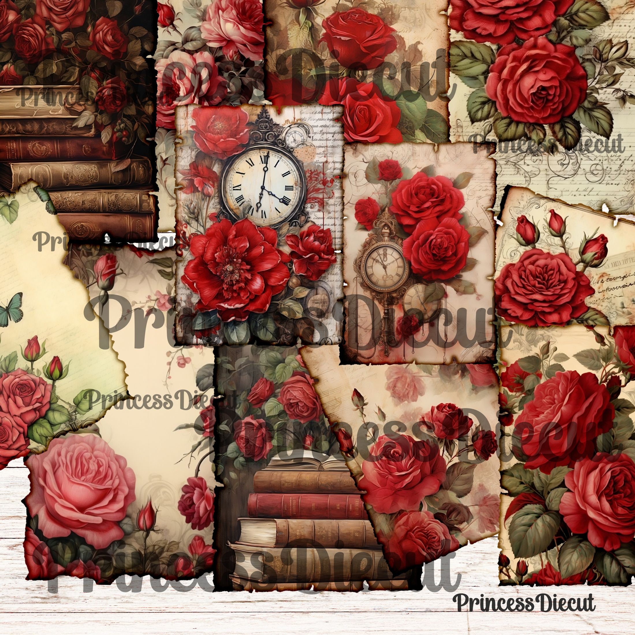 Junk Journal Rose Paper Shapes | Red Roses Paper Vintage, Shabby ...