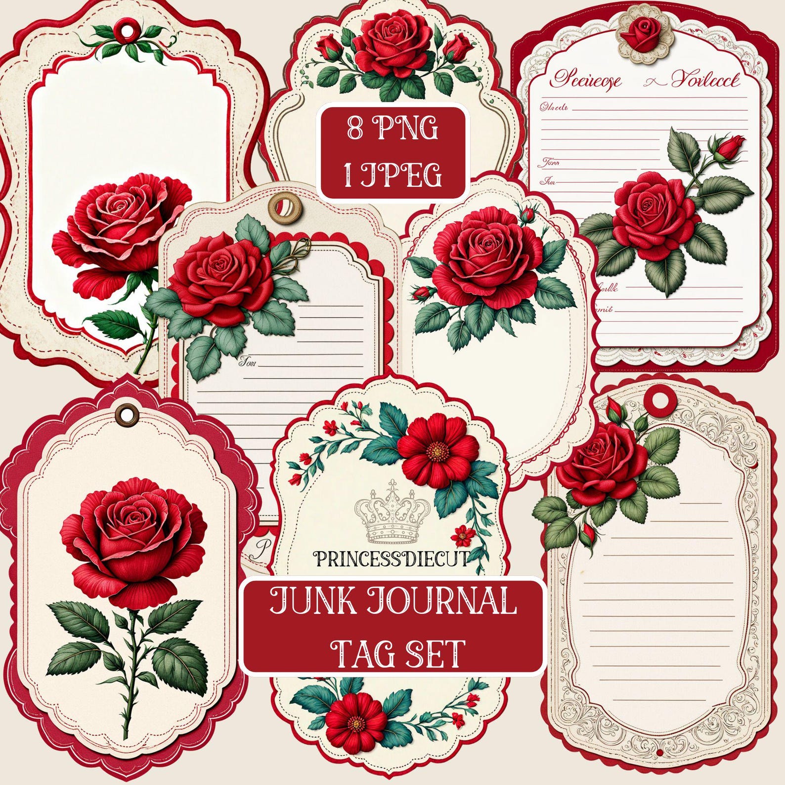 Printable Junk Journal Red Rose Tag Set, 8 PNG 1 JPEG, Junk Journal ...