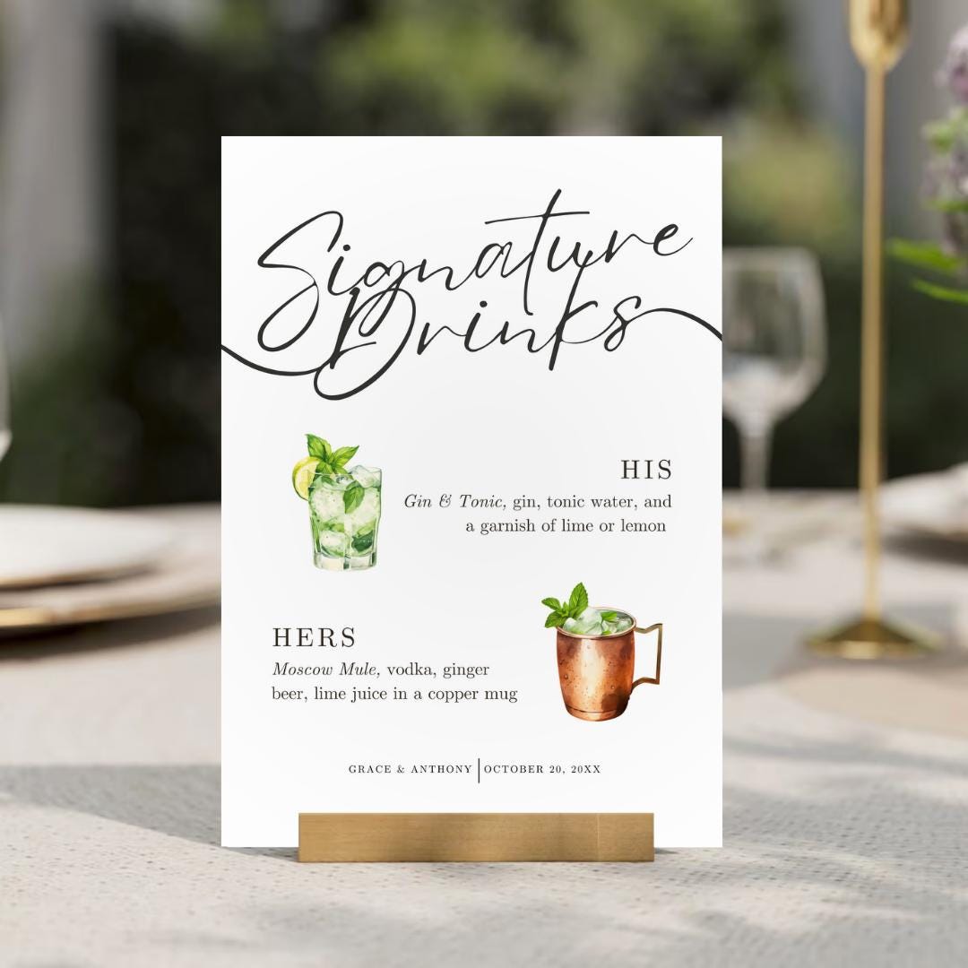 Signature Drink Sign Open Bar Menu Watercolor Wedding Bar Menu ...