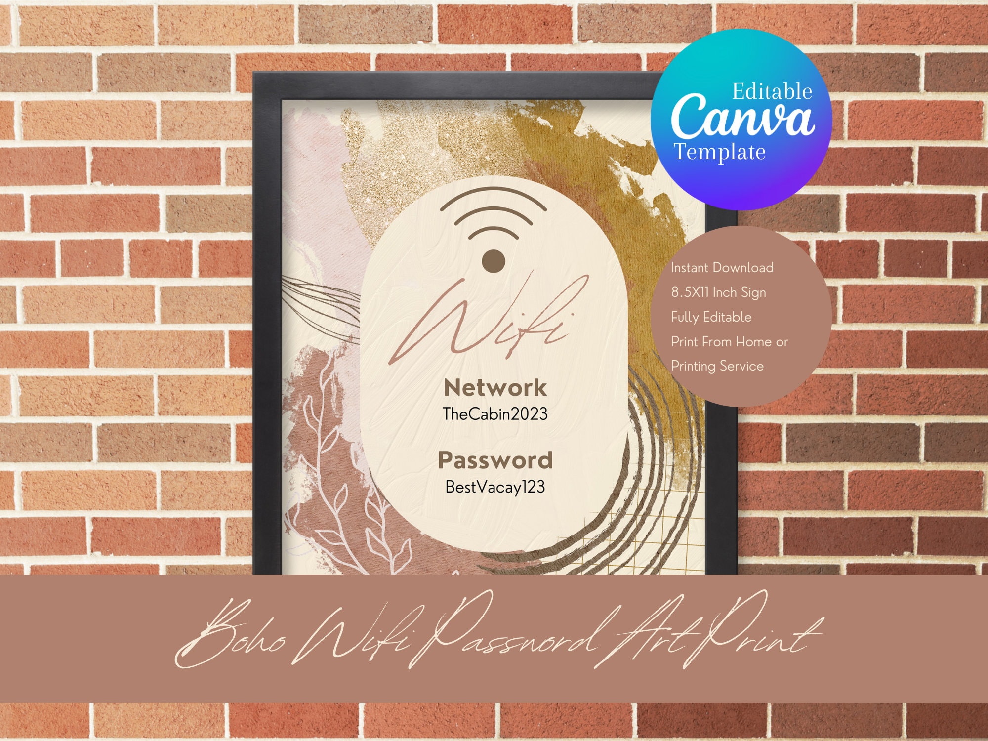 Wifi Password Sign Canva Template, Pink and Gold, Airbnb Signage ...