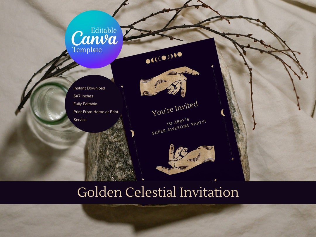Golden Celestial Party Invitation, Editable Canva Template (digital ...