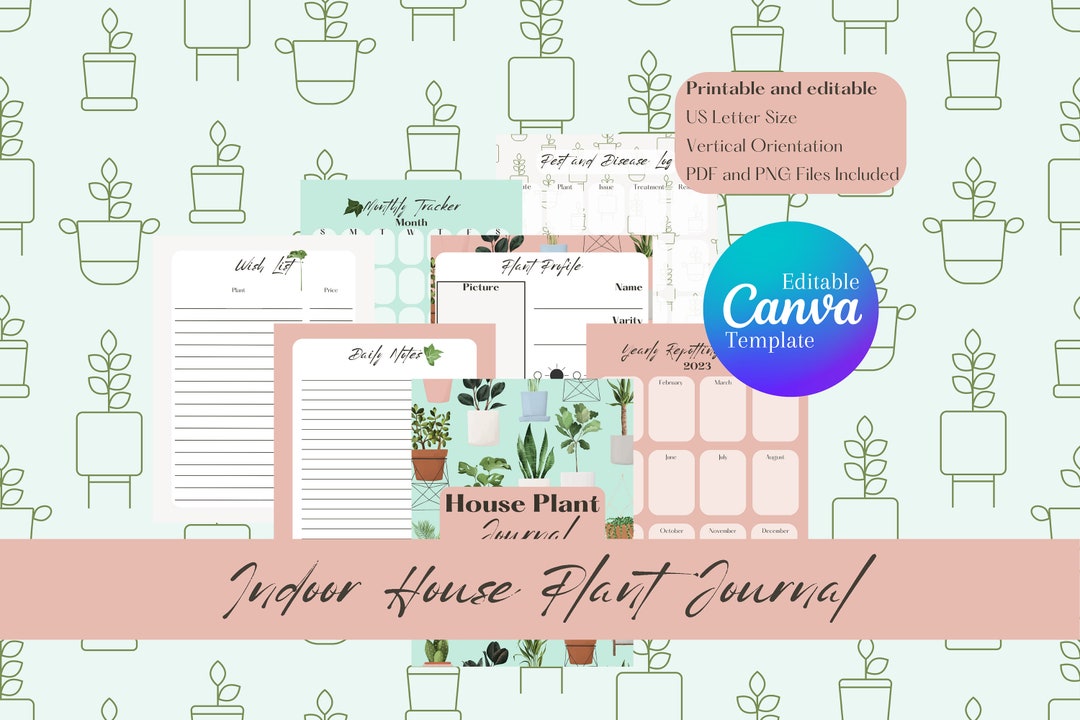 Mint and Rose 22 Page Indoor House Plant Journal, Fully Editable Canva ...