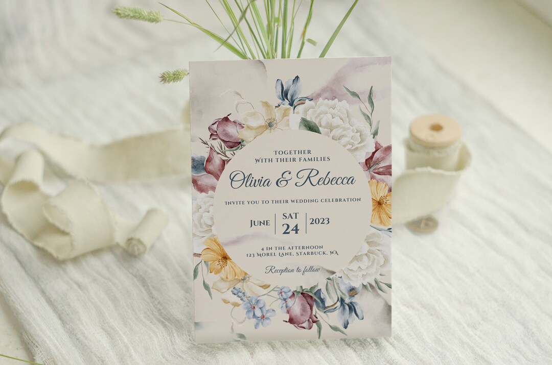 Floral Earth Tone Wedding Invitation and RSVP Card Editable - Etsy