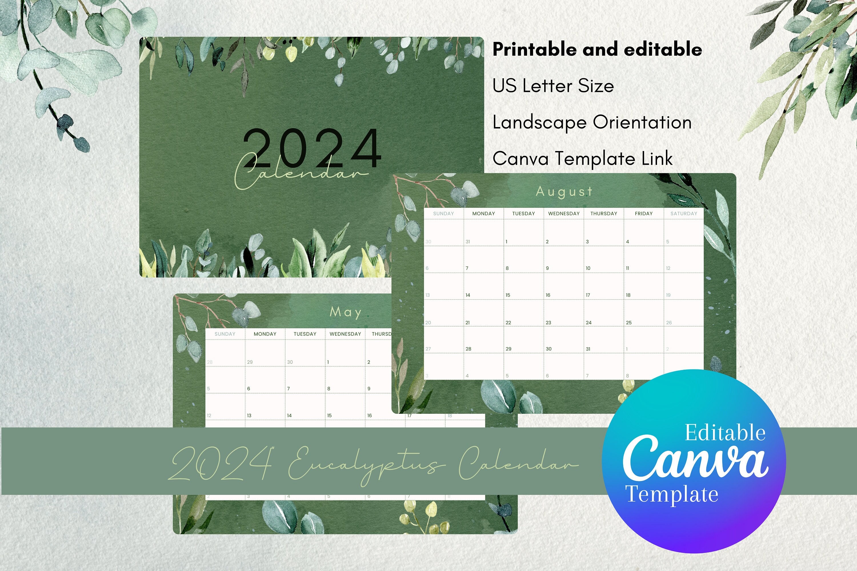2024 Eucalyptus Monthly Calendar Canva Template - Etsy