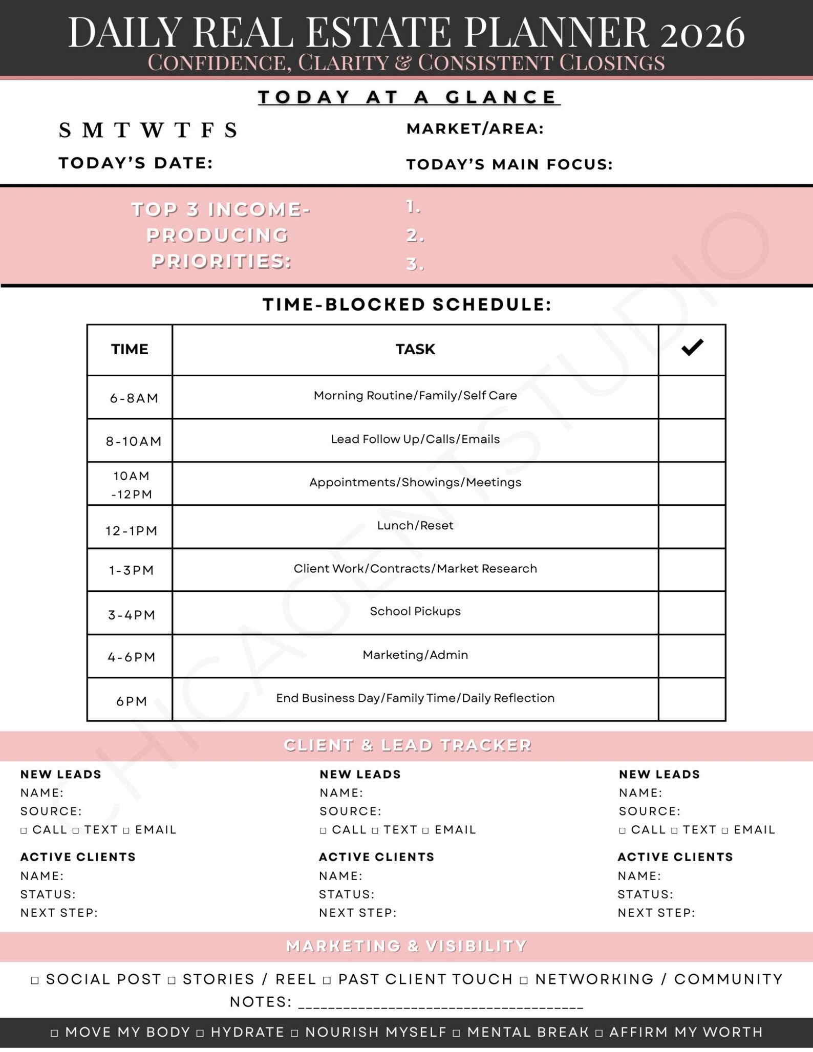 Daily Real Estate Time Blocking Planner 2026- for Agents, Moms ...