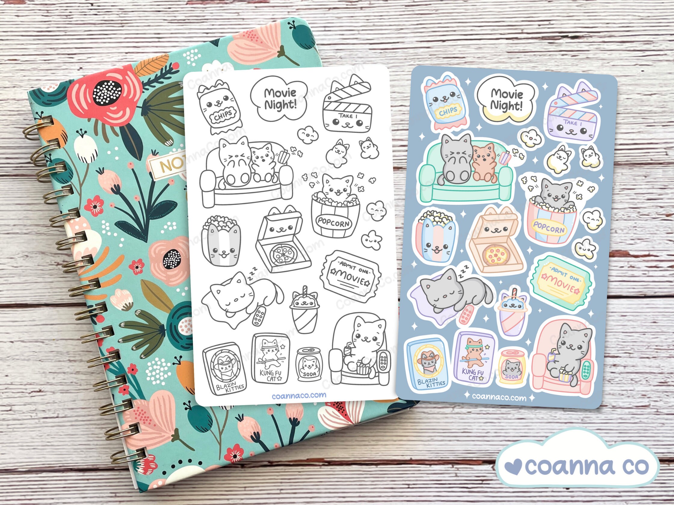 Movie Night Sticker Sheet, Kawaii Cat Pastel Stickers, Bujo Planner ...