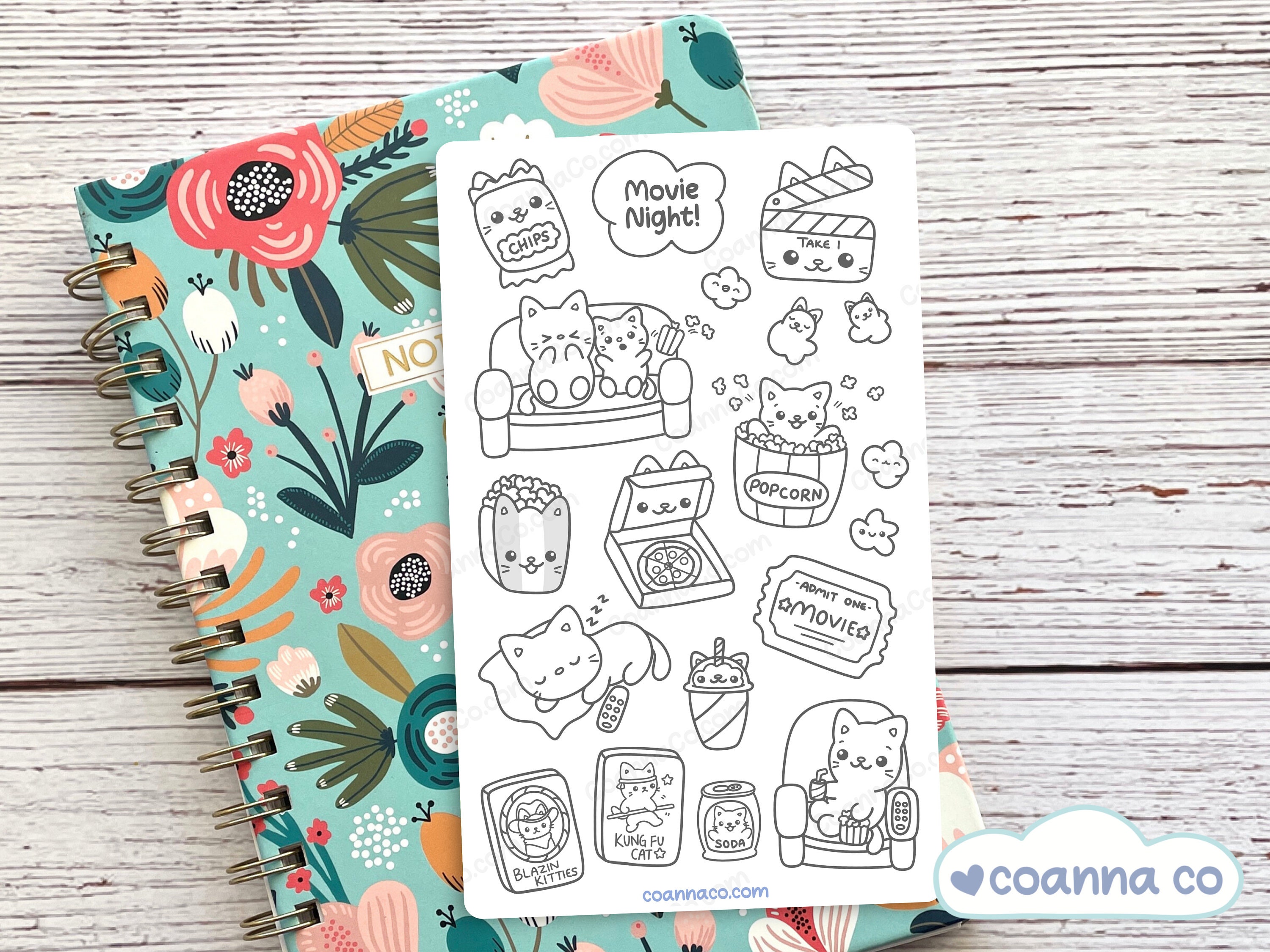 Movie Night Sticker Sheet, Kawaii Cat Pastel Stickers, Bujo Planner ...