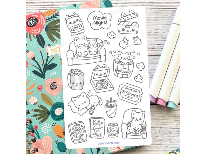 Color Your Own Movie Night Sticker Sheet, Kawaii Cats TV Night, Bujo ...