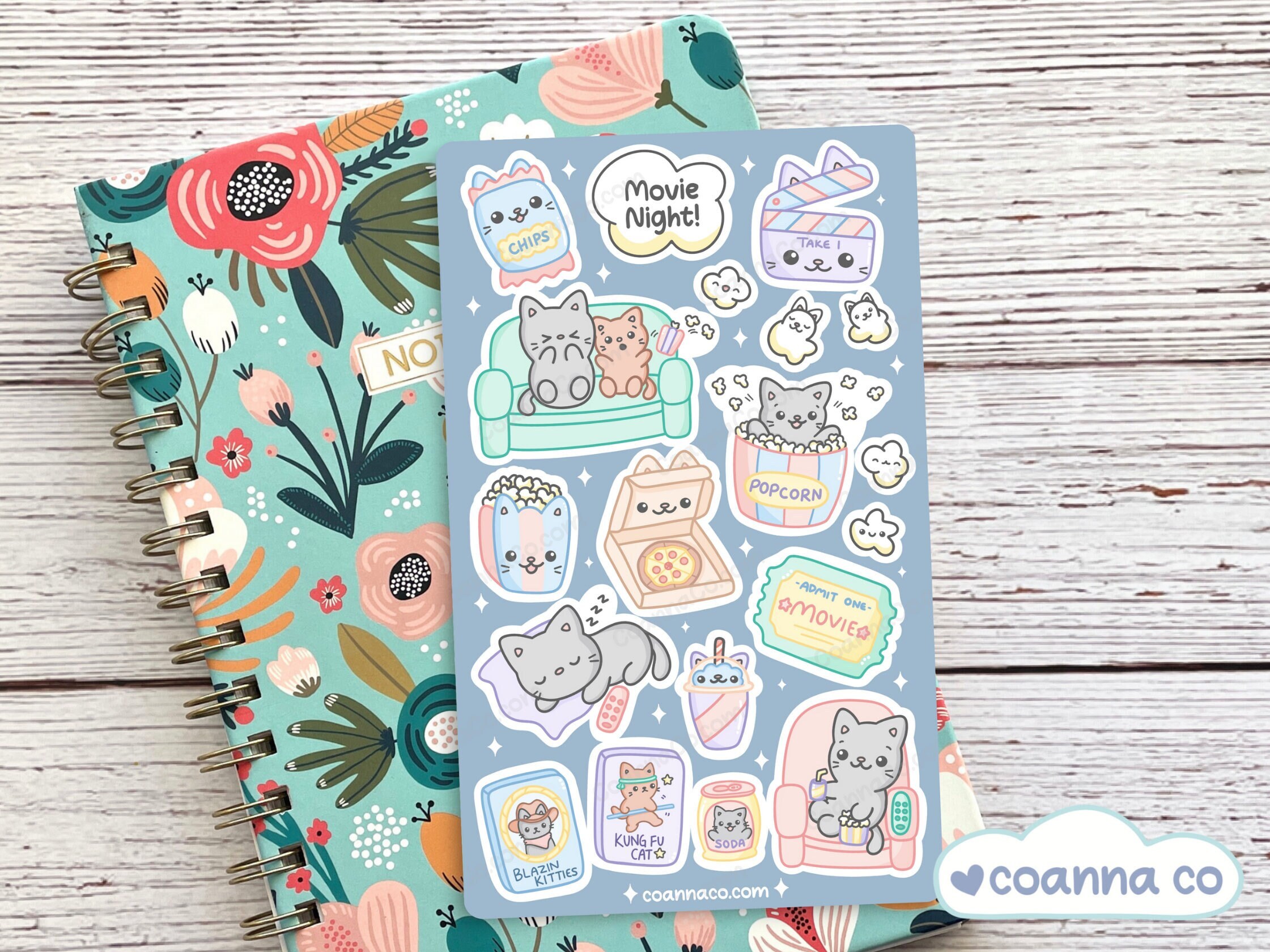 Movie Night Sticker Sheet, Kawaii Cat Pastel Stickers, Bujo Planner ...