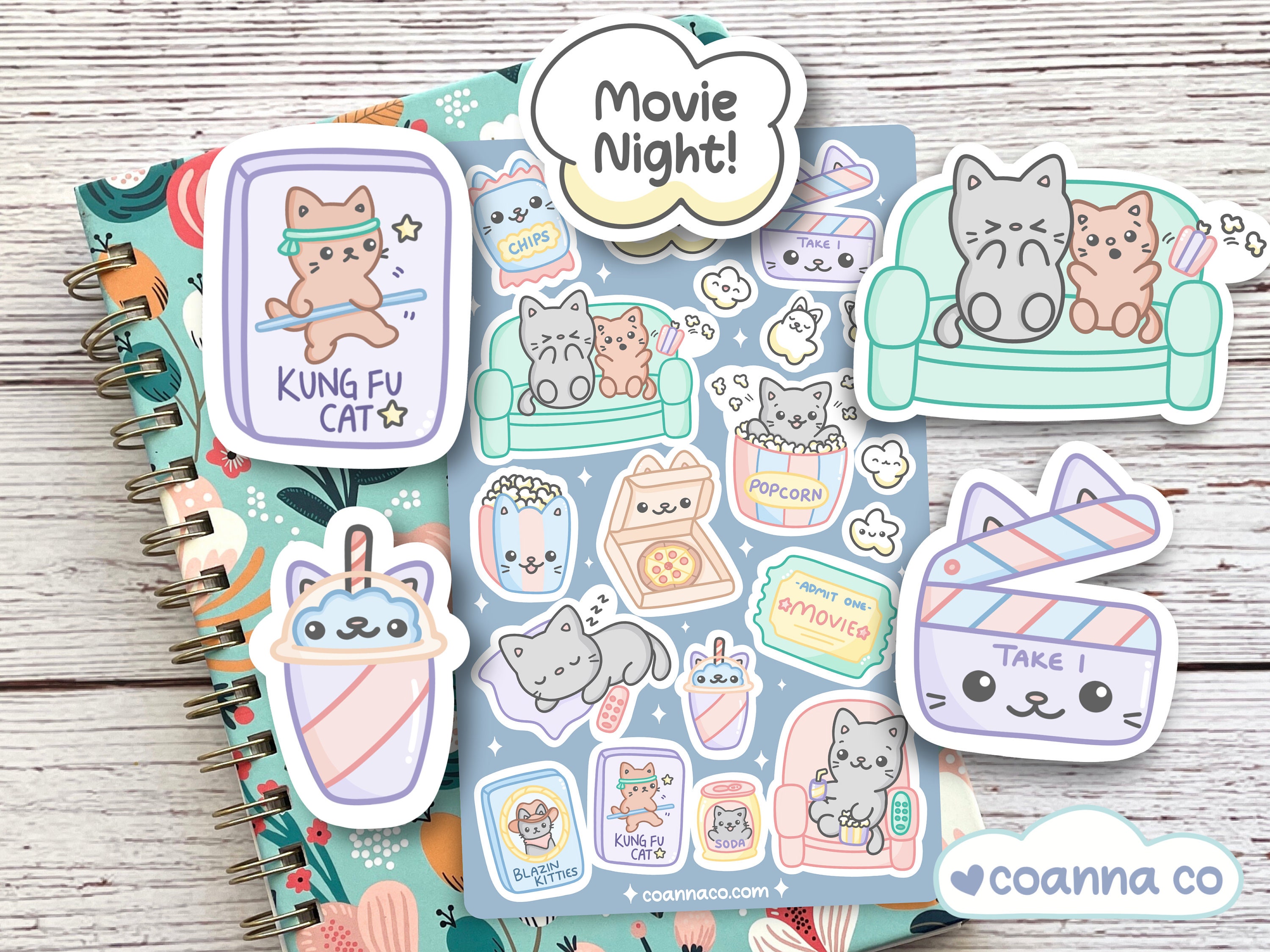 Movie Night Sticker Sheet, Kawaii Cat Pastel Stickers, Bujo Planner ...
