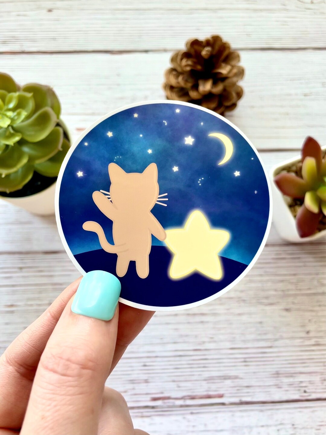 Starry Night Cat and Star Sticker | Easy Peel | Waterproof & Glossy ...