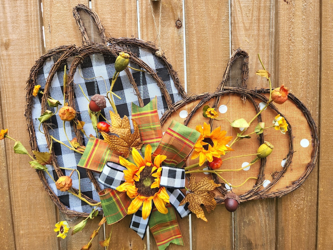Two Harvest Grapevine Pumpkins W/wild Fall Flowers - Etsy