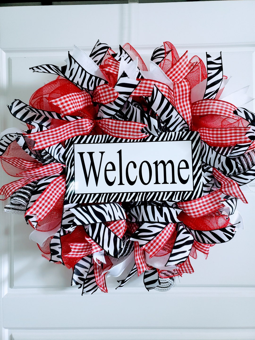 Zebra Stripe Welcome Door Wreath: Red, Black & White - Etsy