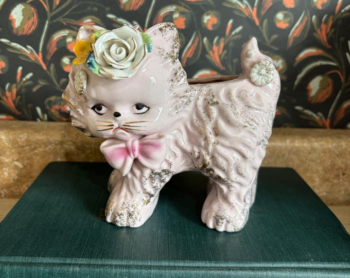 Vintage Lefton Pink Cat Kitten With Bowtie & Flowers Porcelain Planter ...