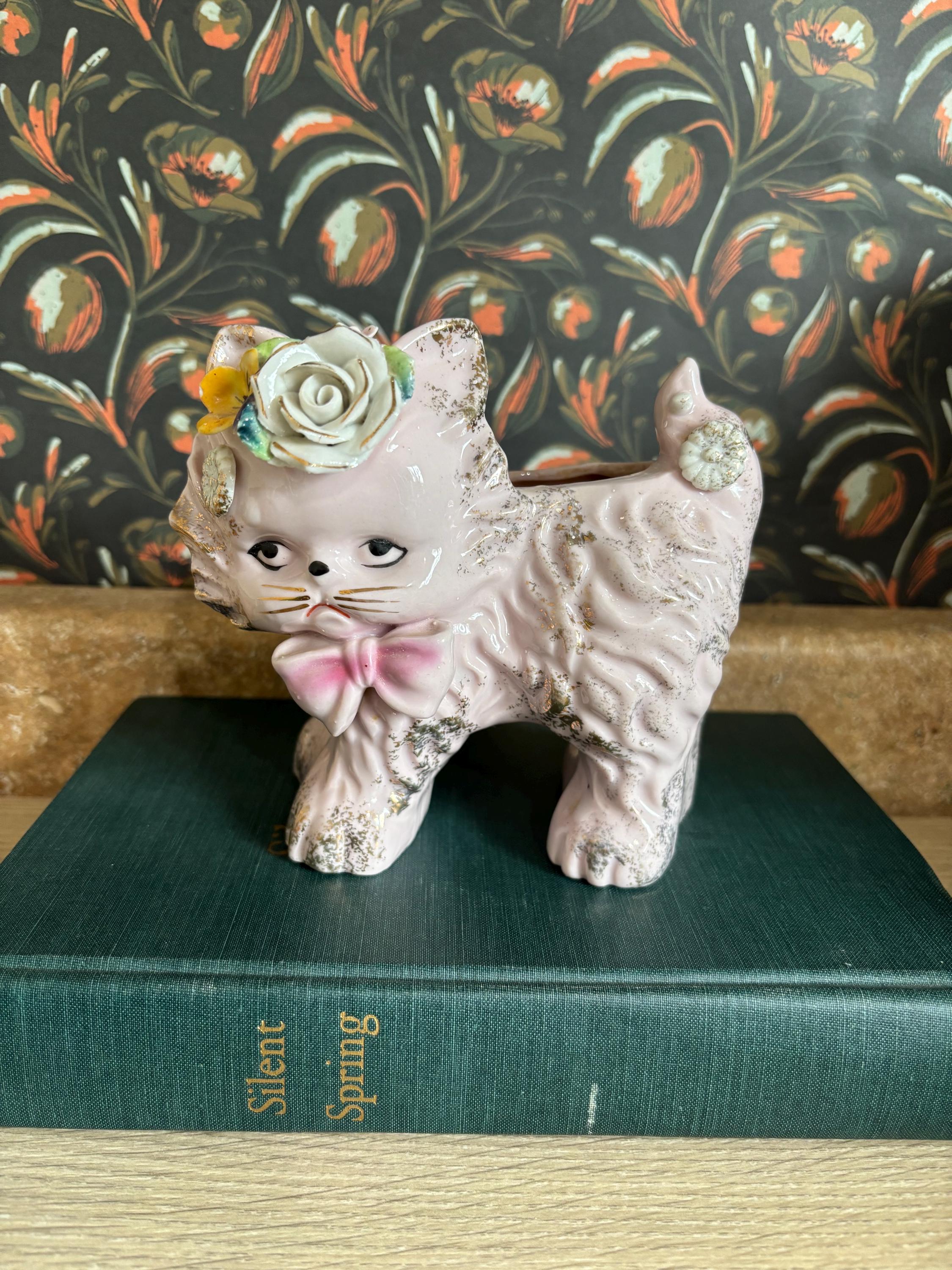 Vintage Lefton Pink Cat Kitten With Bowtie & Flowers Porcelain Planter ...