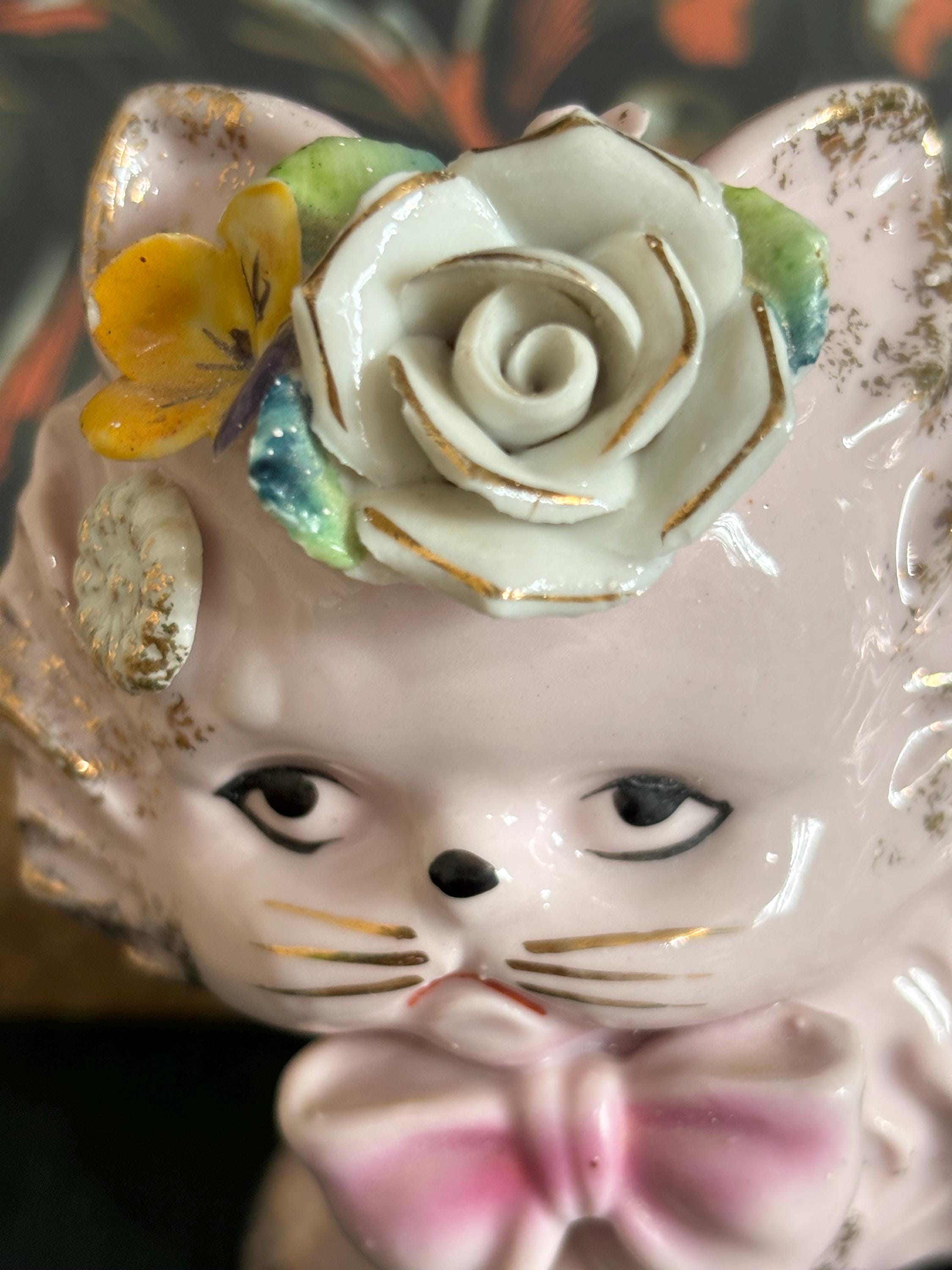 Vintage Lefton Pink Cat Kitten With Bowtie & Flowers Porcelain Planter ...
