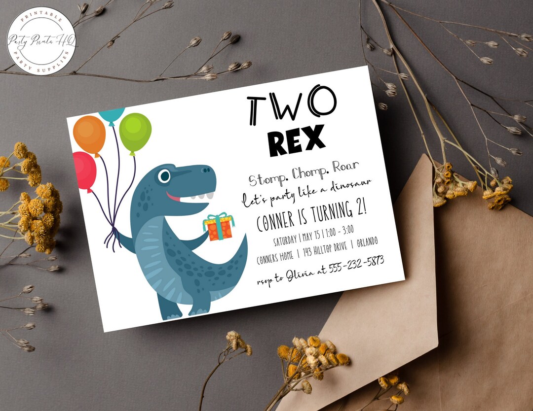 Dinosaur 2nd Birthday Invite Two Rex Invitation, Two Rex Birthday Party ...