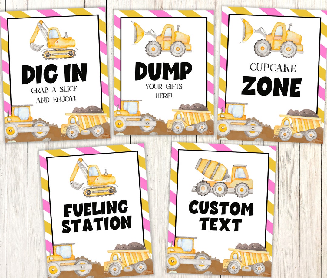 Pink and Yellow Construction Party Signs, DIY Construction Party Signs ...