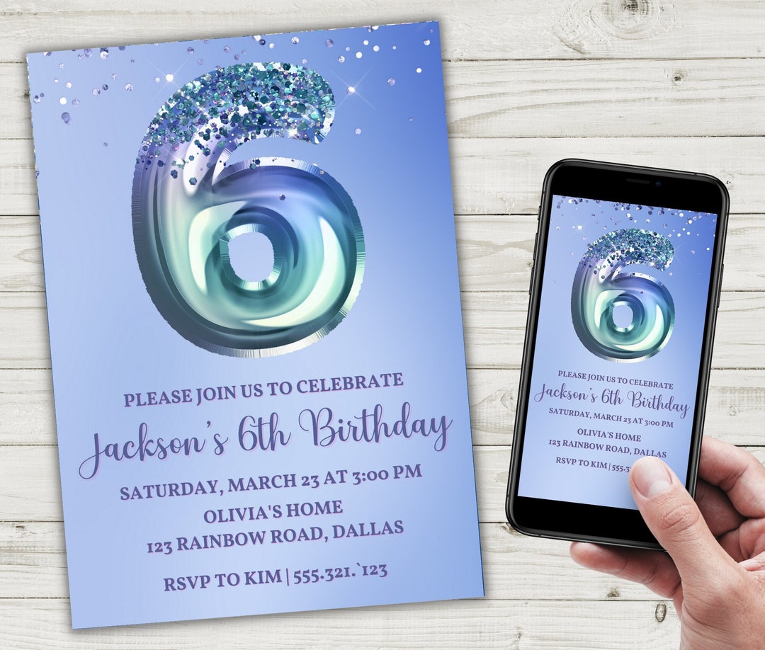 6th Birthday Invitation Editable Blue Iridescent Glitter Birthday ...