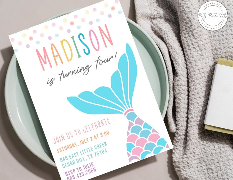 Rainbow Mermaid 4th Birthday Invitation Fourth Birthday - Etsy