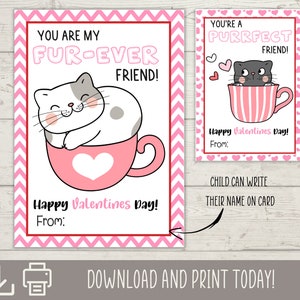 Printable Cat Valentine's Day Cards, Classroom Valentine's Day Cards ...