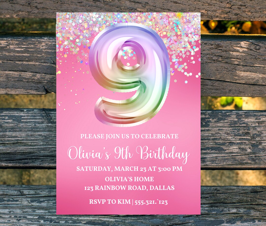 9th Birthday Invitation Editable Pink Iridescent Glitter Birthday ...