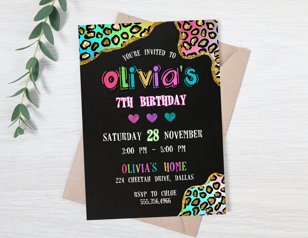 Rainbow Cheetah Birthday Invitation, Rainbow Leopard Print Invitation ...