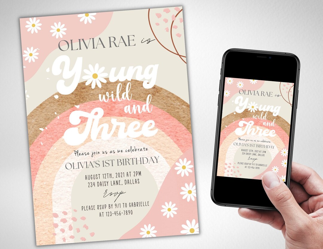 Editable Young Wild and Three Invitation Daisy Retro Girl Invitation ...