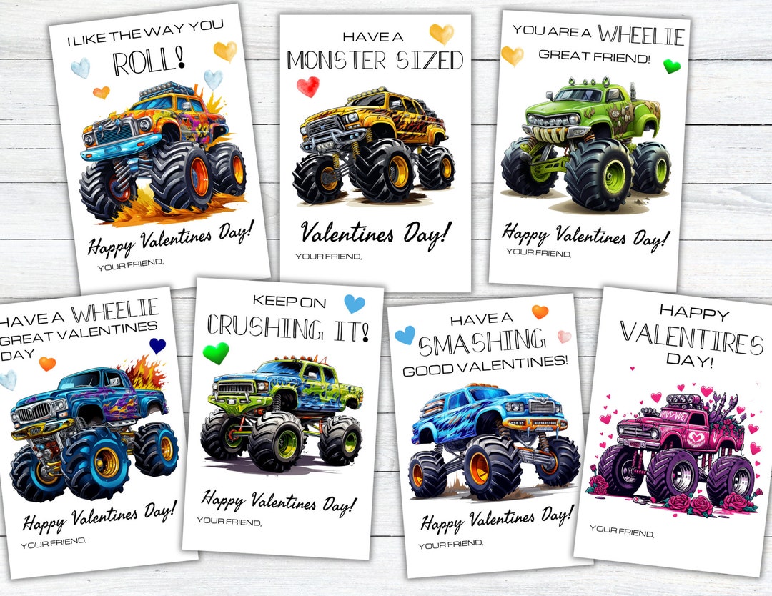 Monster Truck Valentine Tags, Kids Valentine Cards, Truck, Kids ...