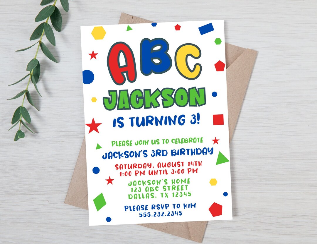 Kids Birthday Invitation, ABC Birthday Invite, Third Birthday Invite ...