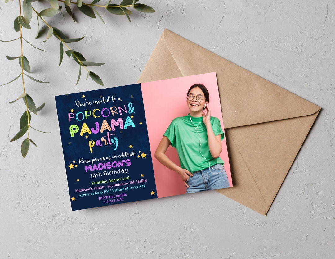 Popcorn and Pajamas Party With Photo, Sleepover Party Invitation ...