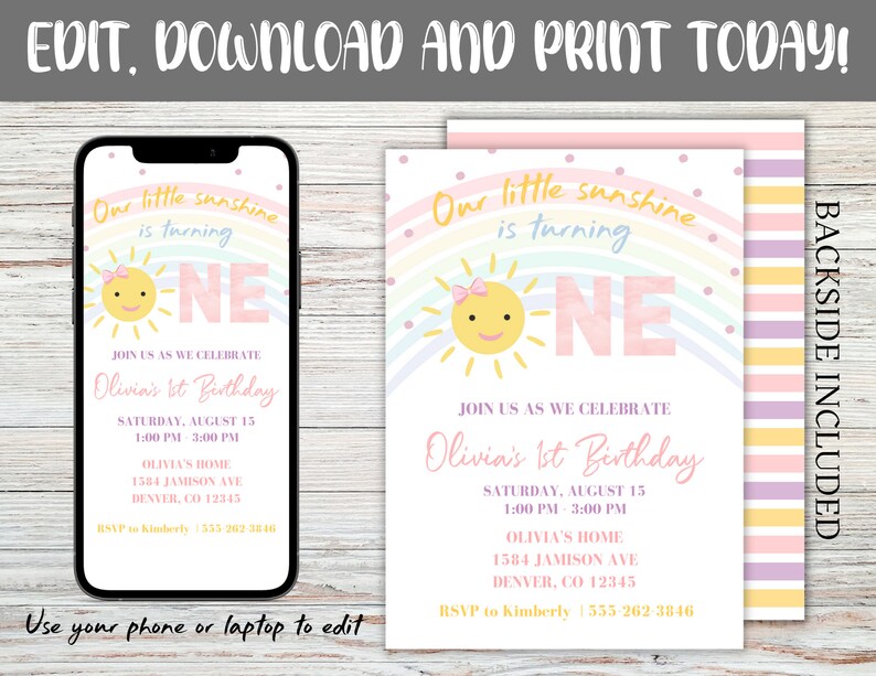 Editable Our Little Sunshine First Birthday Party Invitation - Etsy