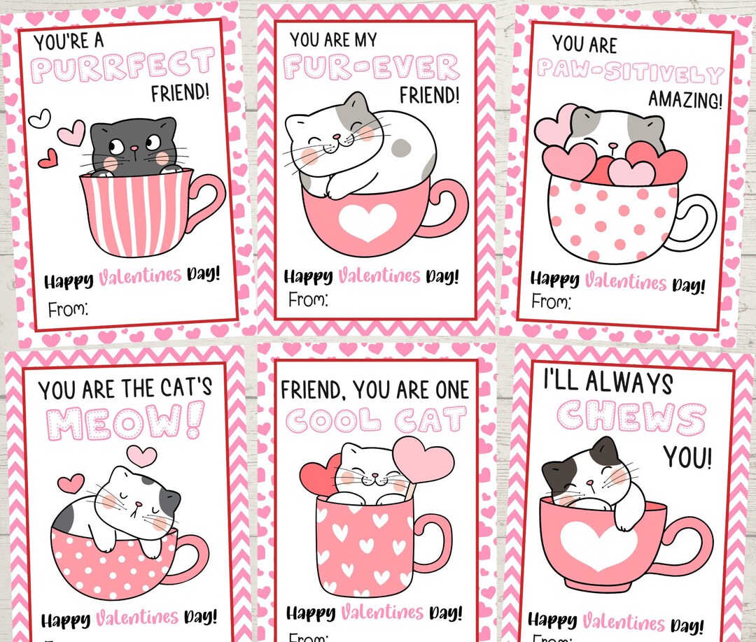 Printable Cat Valentine's Day Cards, Classroom Valentine's Day Cards ...