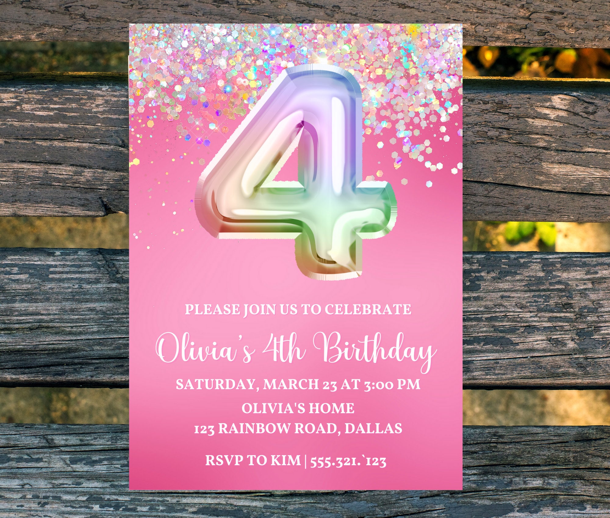 4th Birthday Invitation Editable Pink Iridescent Glitter - Etsy