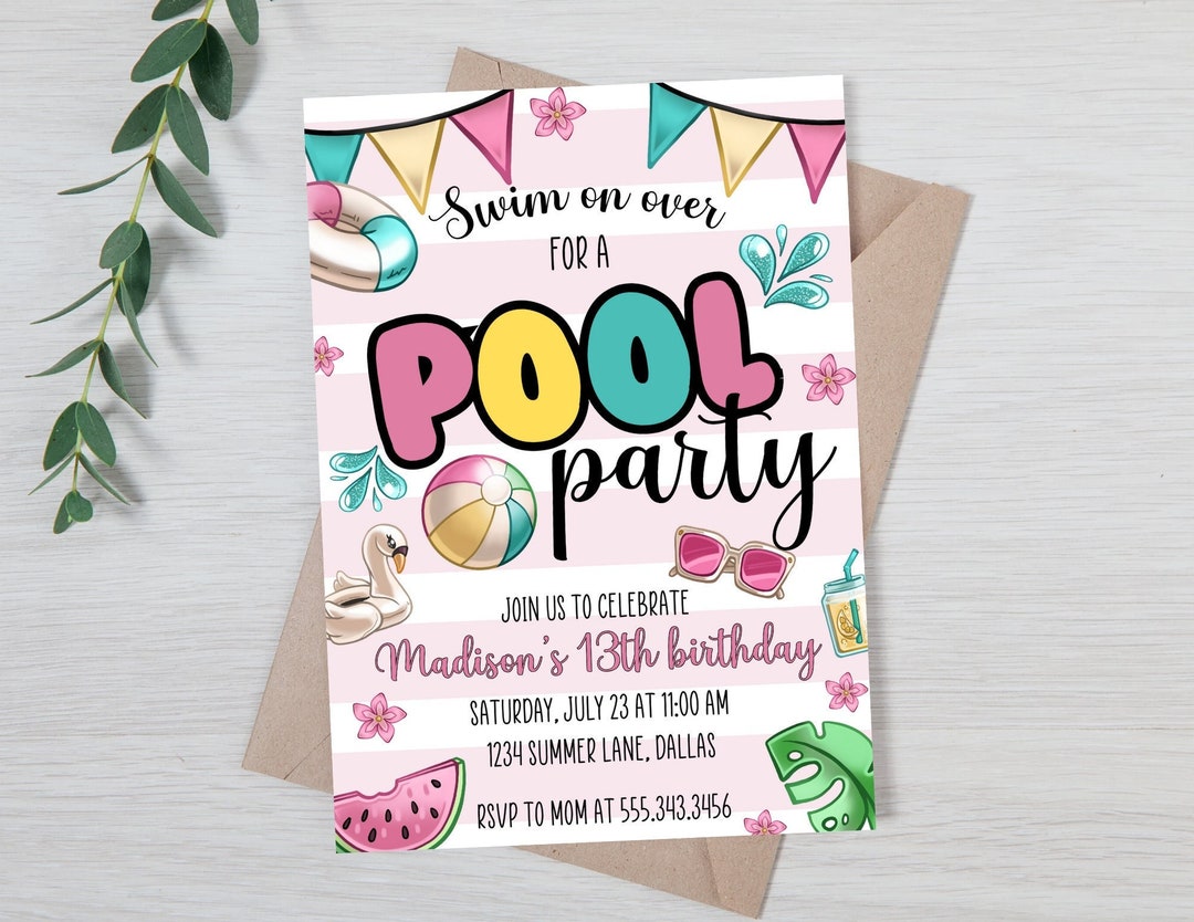 Summer Pool Party Invitation for Girl, Swimming Birthday Invitation for ...