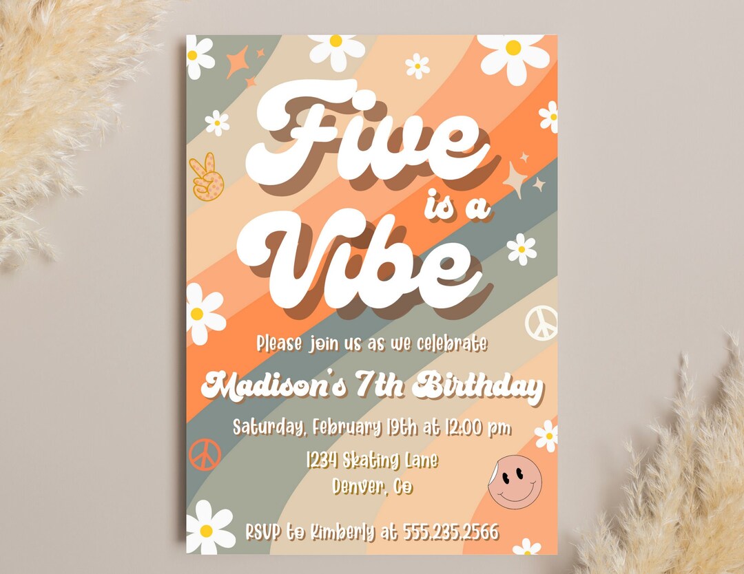 Editable 5th Groovy Birthday Invite Five is a Vibe Daisy - Etsy