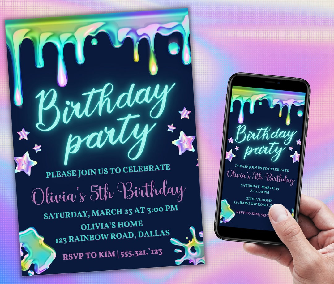 Neon Holographic Slime Invite Neon Invitation Slime - Etsy