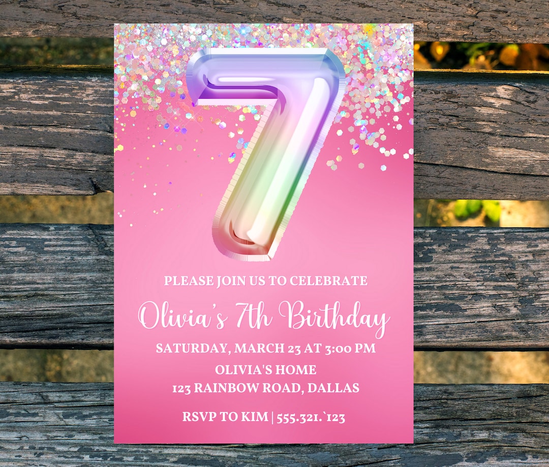 7th Birthday Invitation Editable Pink Iridescent Glitter - Etsy