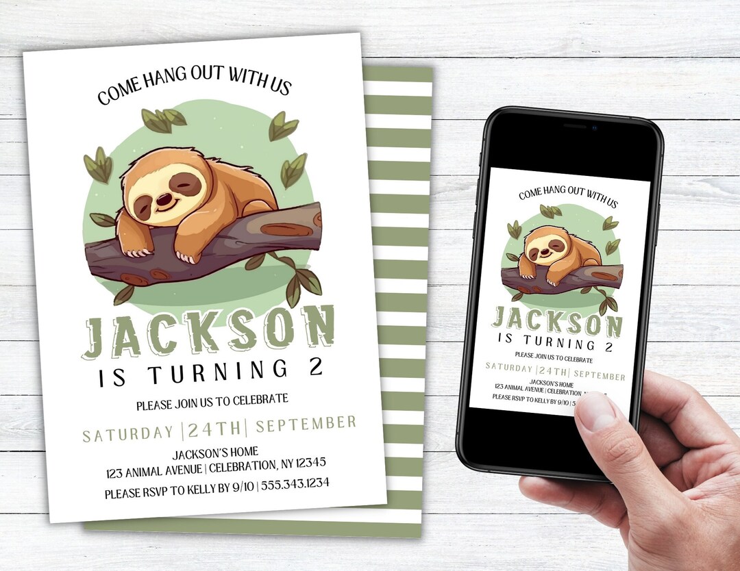 Simple Sloth Birthday Invitation Sloth Birthday Party Sloth 2nd ...