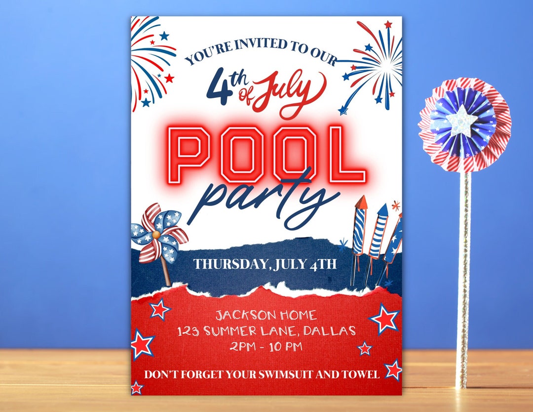 4th of July Pool Party, July 4th Pool Party Invitation, Pool Party ...